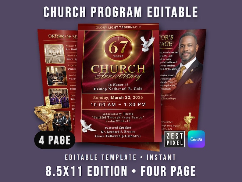 Anniversary Church Program (editable Canva), Worship Bulletin Template ...