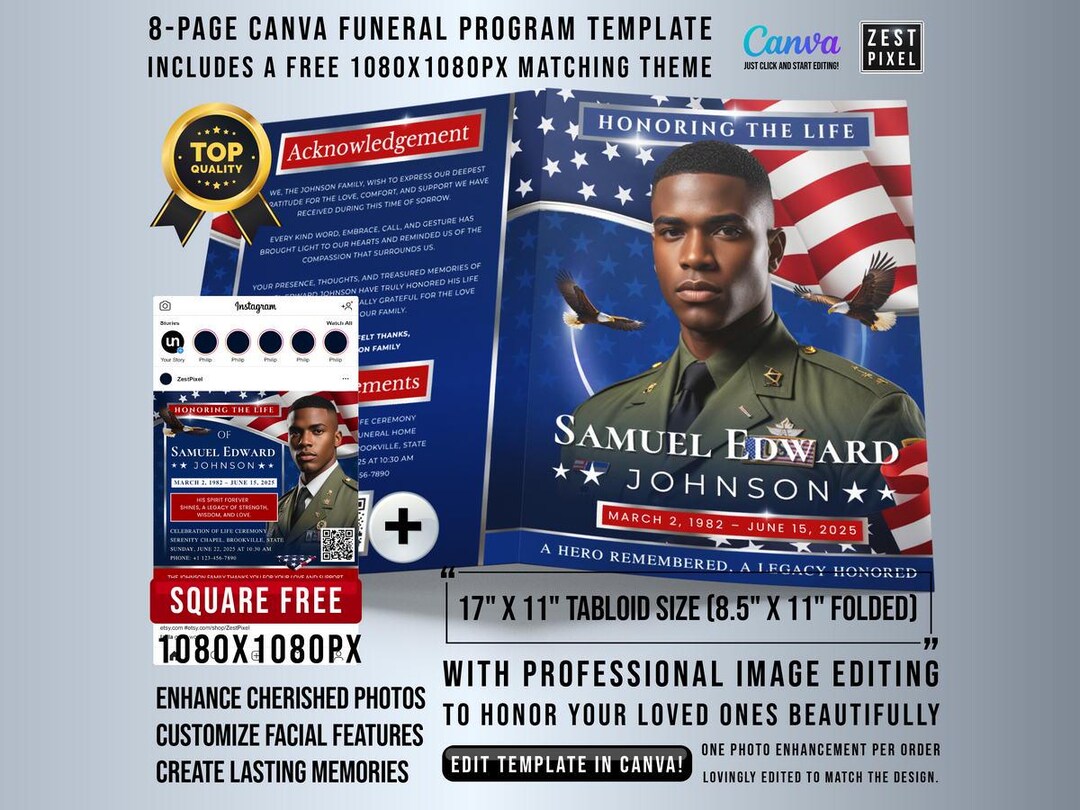 Military Funeral Program Template for Men | Editable Canva Memorial ...