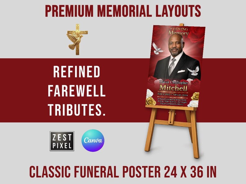 Red Rose Memorial Tribute Program Template Editable Canva Funeral ...