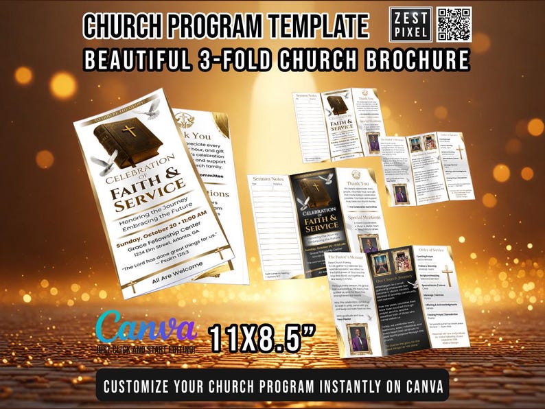 Church Brochure White Template | 3-fold Church Program | Editable Canva ...