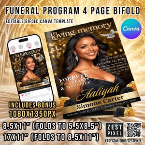 Editable Funeral Program Template, 4 Page Bifold Memorial Canva - Etsy