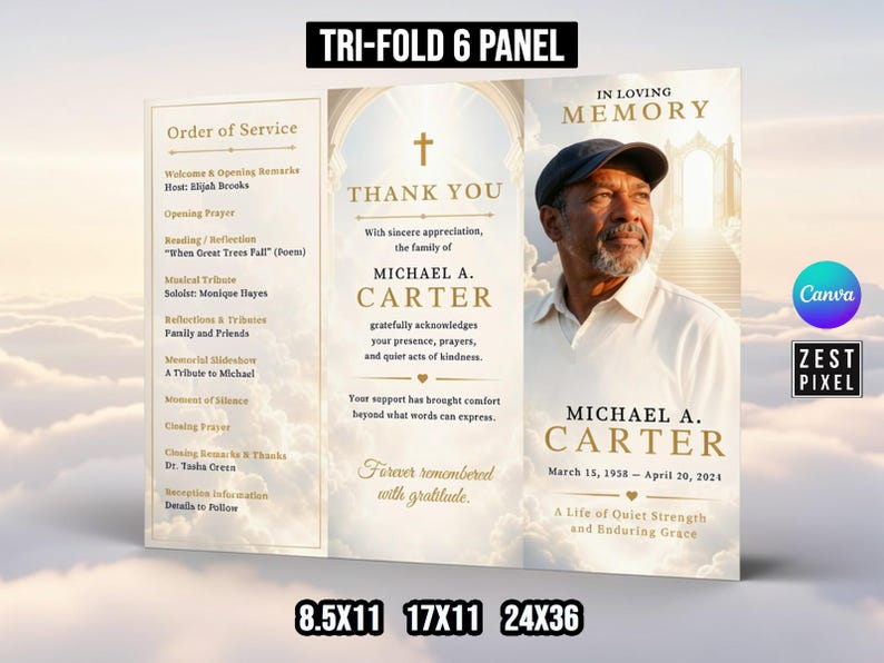 Elegant Funeral Program Trifold Template Canva Editable Celebration of ...