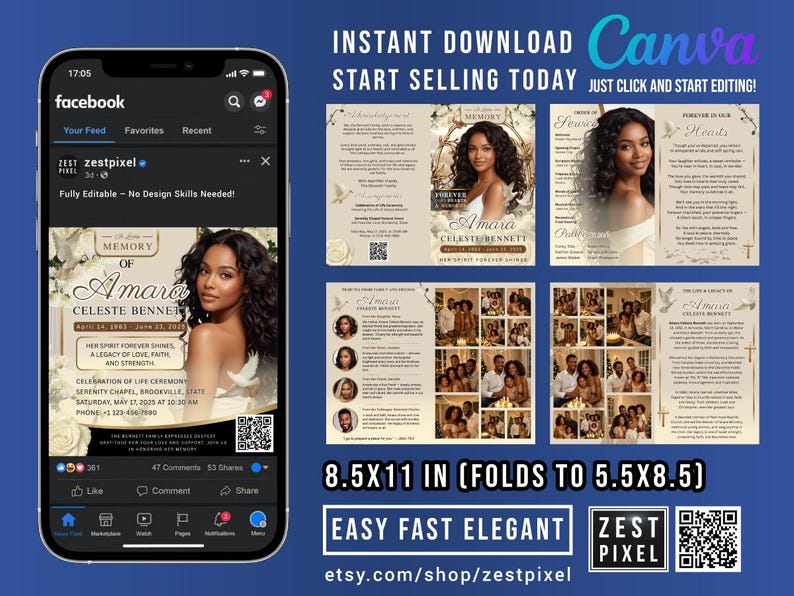 Elegant 8-page Funeral Program Template | Editable Canva Memorial ...
