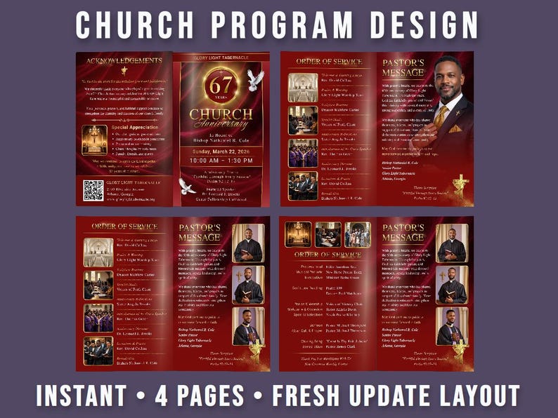 Anniversary Church Program (editable Canva), Worship Bulletin Template ...