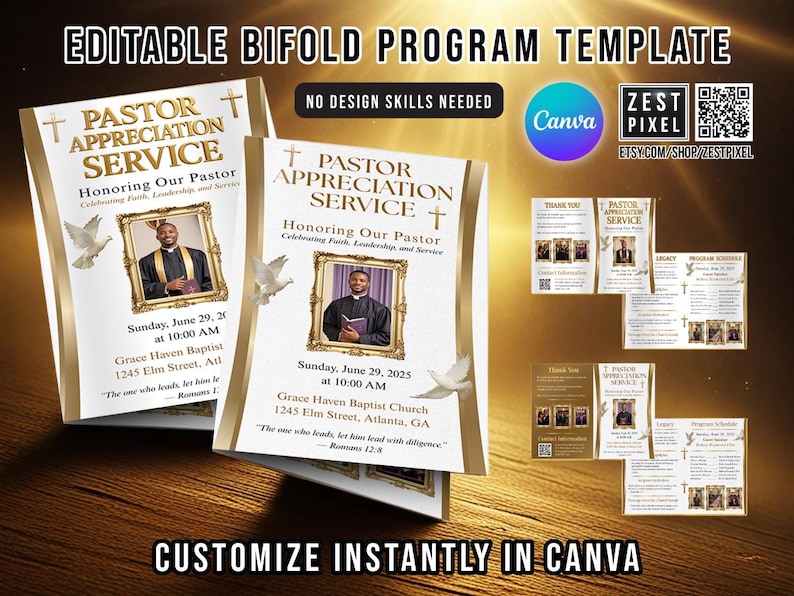 Pastor Appreciation Program Template – Editable Church Bifold 11x8.5 ...