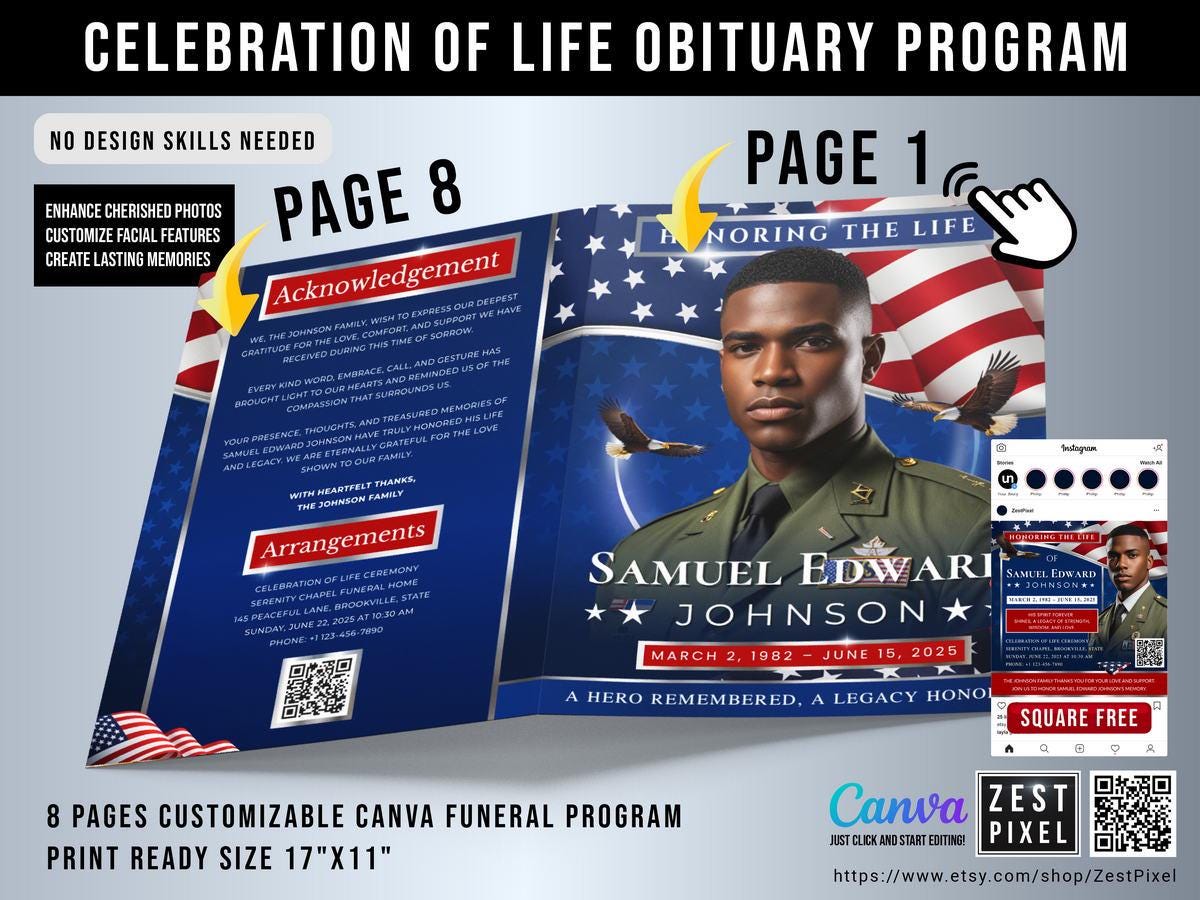 Military Funeral Program Template for Men | Editable Canva Memorial ...
