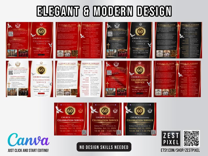 Church Anniversary Program Template Canva – Editable Bifold 11x8.5 in ...
