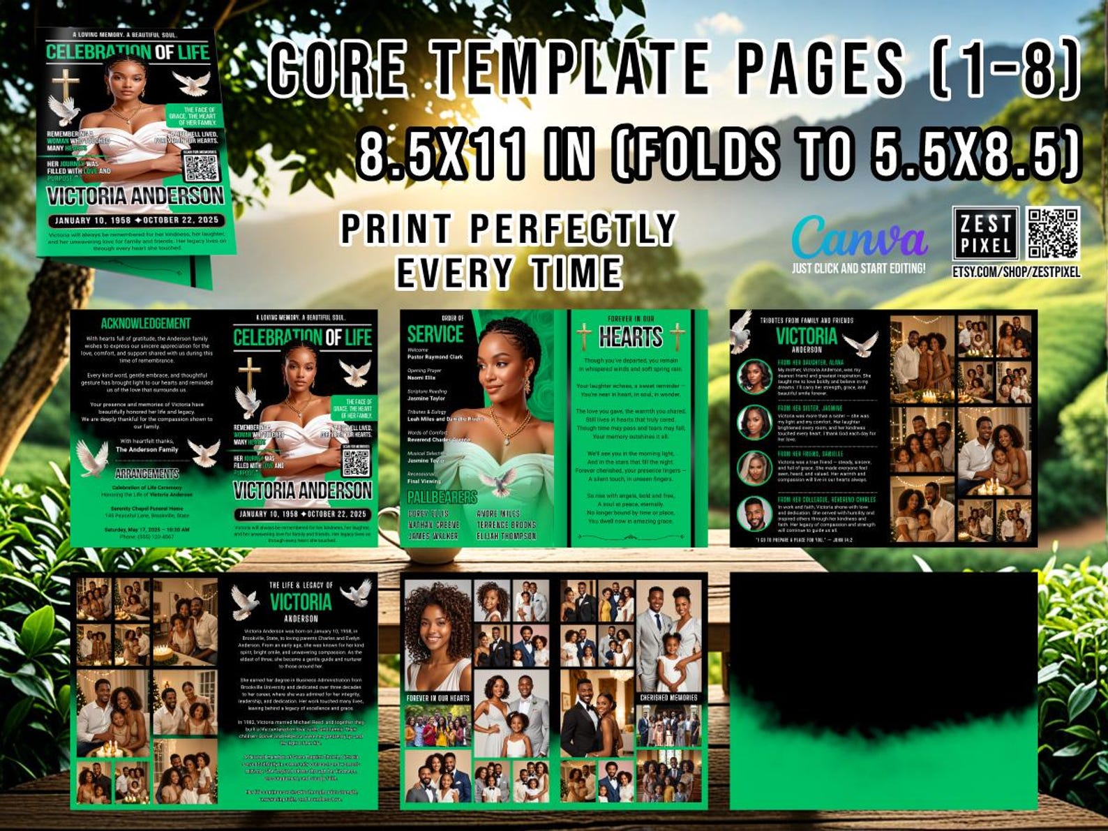 Green Funeral Program Template, Celebration of Life Magazine Style ...