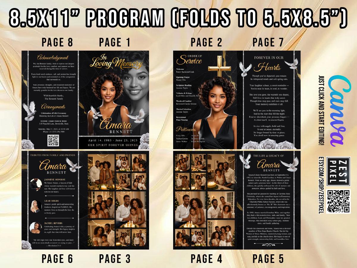 Elegant Black Funeral Program Template: Editable Canva Obituary ...