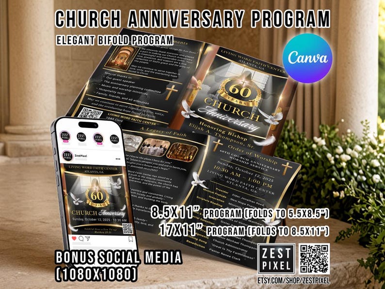 Church Anniversary Program Template Canva | Bifold Program 17x11 & 8 ...