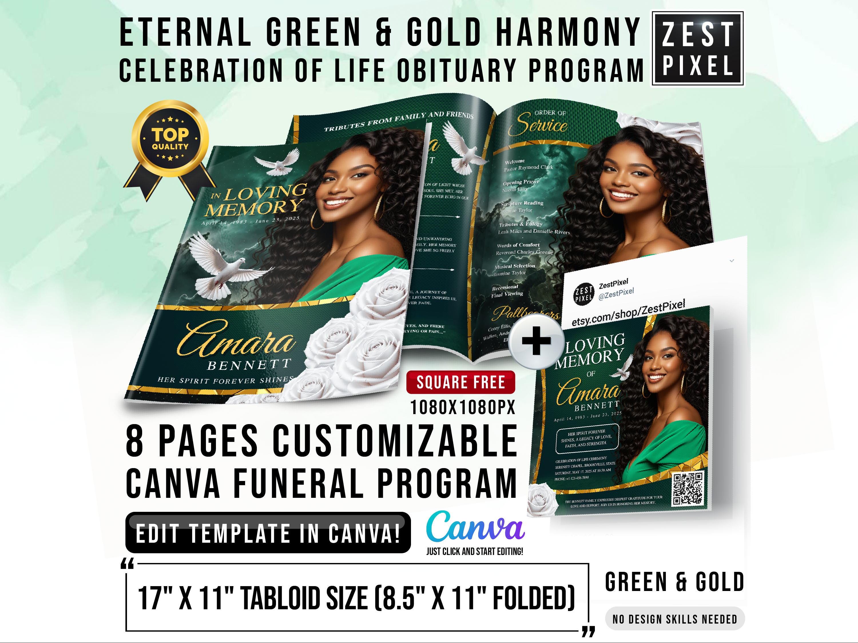 Green & Gold Funeral Program Template: 8-page Memorial, Customizable ...