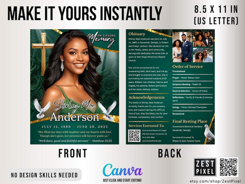 Green Funeral Program Template 8.5x11 Canva Editable Memorial Program ...