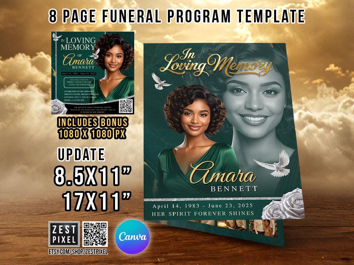 Green Funeral Program Canva Template: 8-page Obituary Booklet ...