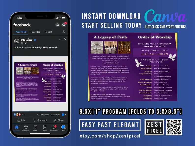 Church Anniversary Program Template: Editable Bifold Design (8.5x11 ...