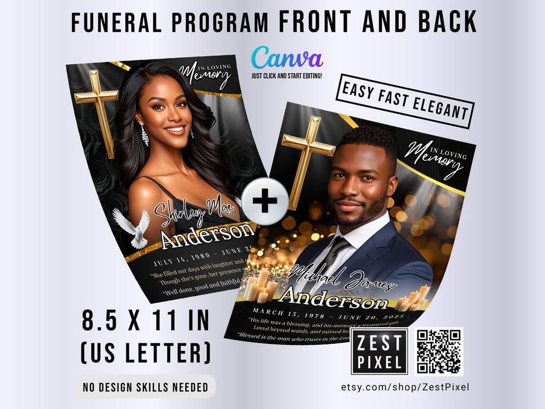 Elegant Funeral Program Template Canva | Memorial Service (8.5x11 US ...