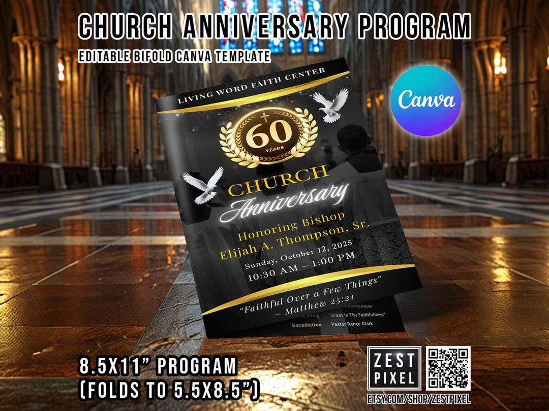 Church Anniversary Program: Editable Bifold Canva Template (8.5x11 ...