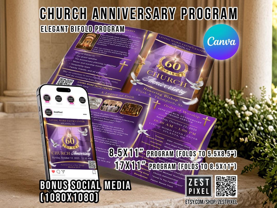 Elegant Church Anniversary Program Template 8.5x11 Bifold | Purple Gold ...
