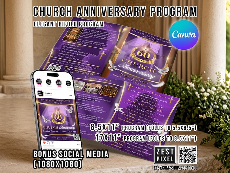 Elegant Church Anniversary Program Template 8.5x11 Bifold | Purple Gold ...