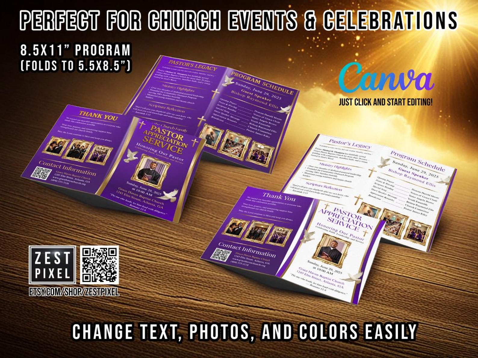 Pastor Appreciation Program Template, Editable Canva Church Brochure ...