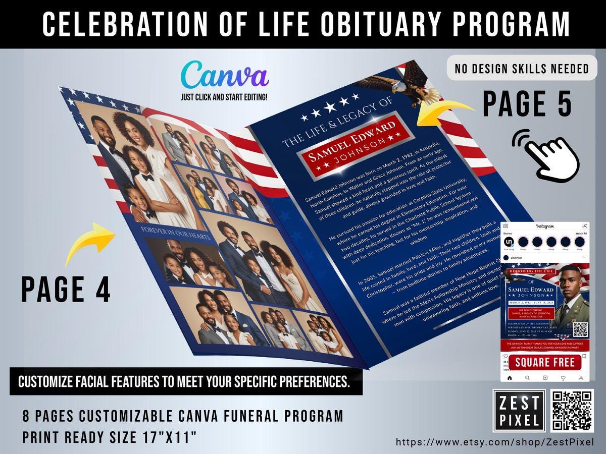 Military Funeral Program Template for Men | Editable Canva Memorial ...