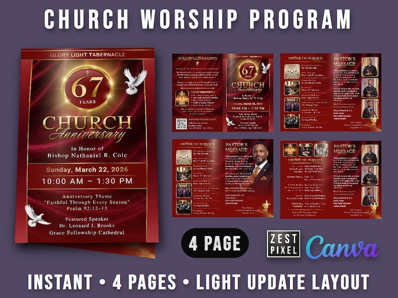 Anniversary Church Program (editable Canva), Worship Bulletin Template ...