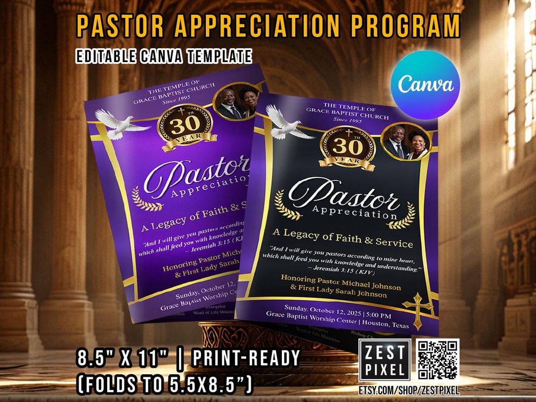 Editable Pastor Appreciation Program Template | Canva Church Service Booklet (digital Download ...