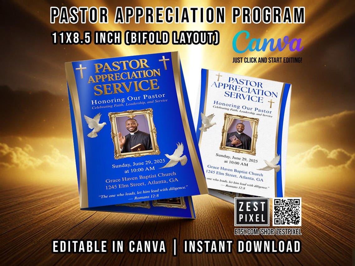 Pastor Appreciation Program Template | 11x8.5 Bifold Church Service ...