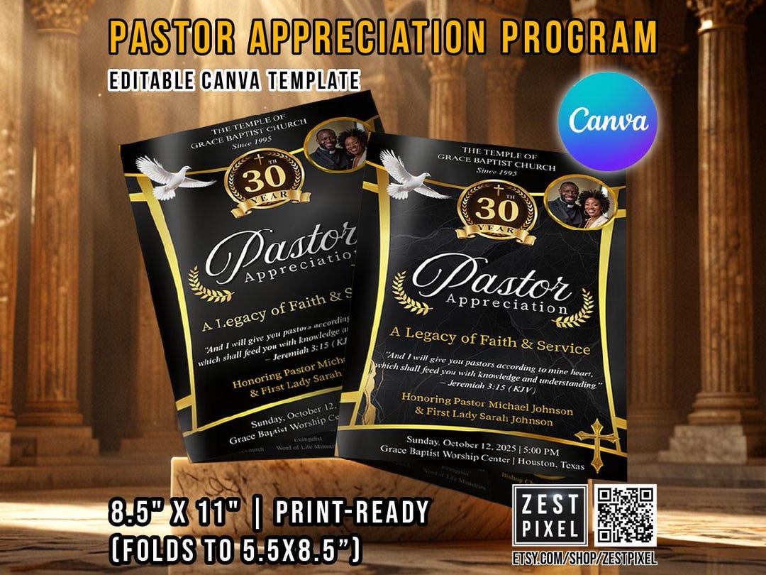 Pastor Appreciation Program Template | Black & Gold Church Brochure ...