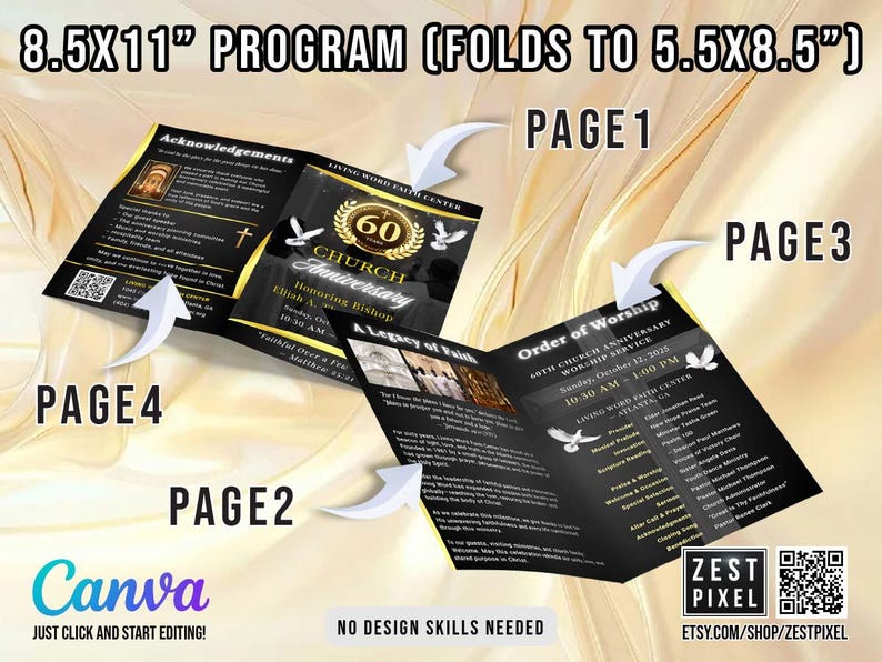 Church Anniversary Program: Editable Bifold Canva Template (8.5x11 ...