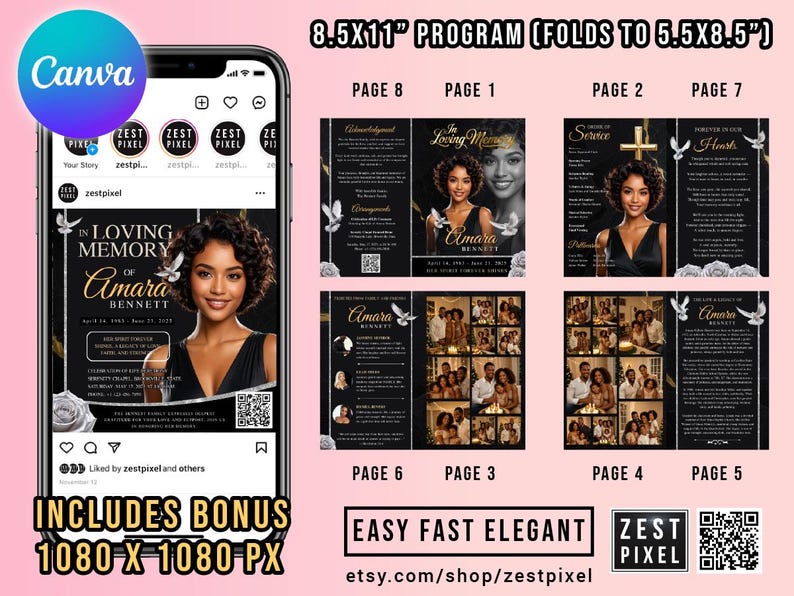 Elegant Black Funeral Program Template: Editable Canva Obituary ...