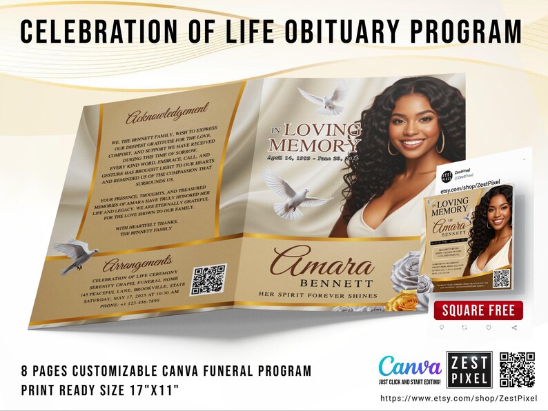 Elegant White & Gold Funeral Program Template, Editable Canva Memorial ...