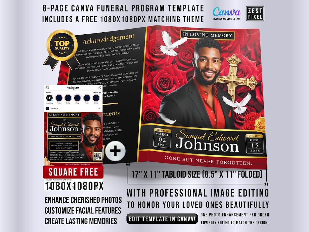 Red & Black Funeral Program Template: Modern Obituary Booklet (canva ...