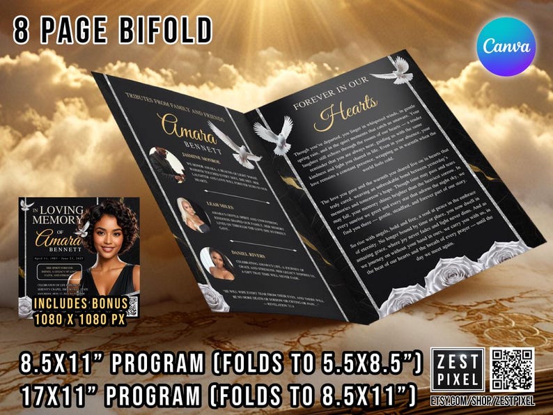 Elegant Black Funeral Program Template: Editable Canva Obituary ...
