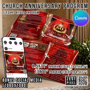 Red Gold Church Anniversary Program Template, Bifold, Canva (US Letter ...