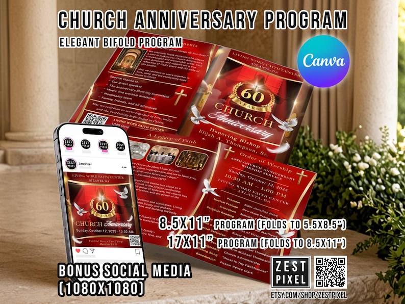 Red Gold Church Anniversary Program Template, Bifold, Canva (US Letter ...