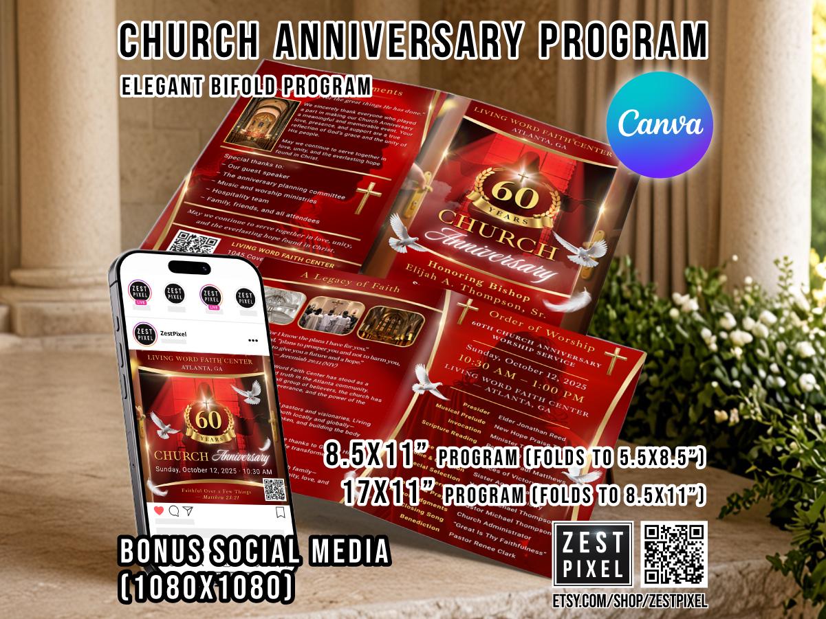 Red Gold Church Anniversary Program Template, Bifold, Canva (US Letter ...