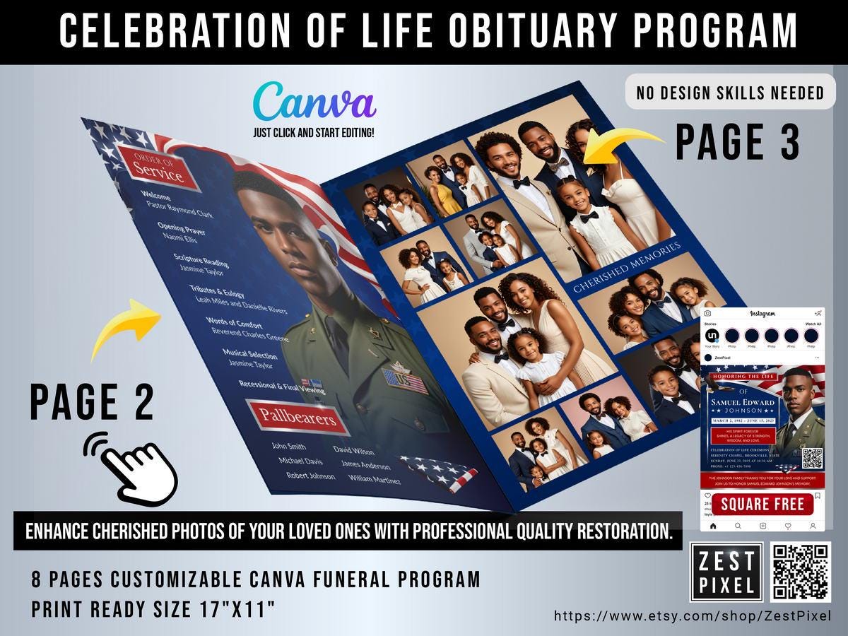 Military Funeral Program Template for Men | Editable Canva Memorial ...