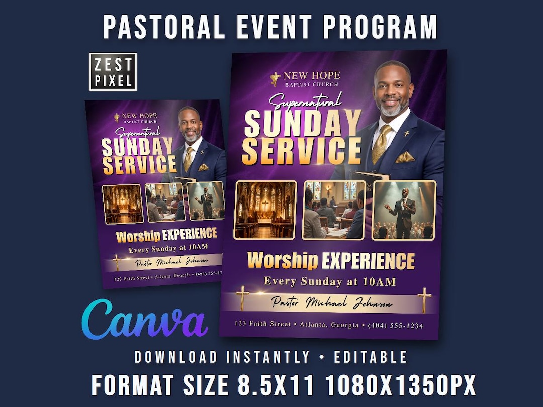 Editable Church Flyer Canva Template, Sunday Worship Service Bulletin 8 ...