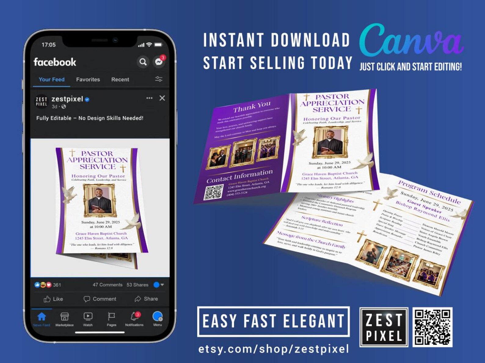 Pastor Appreciation Program Template | Editable 11x8.5” Bifold Layout ...