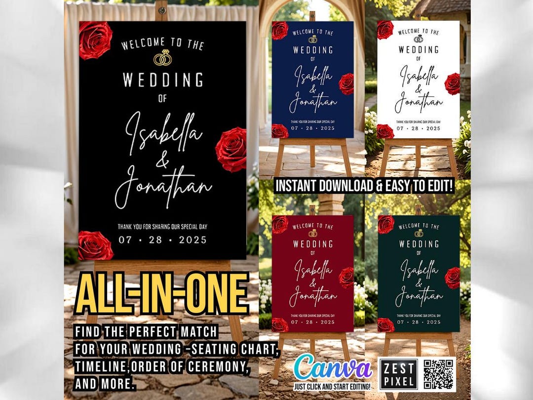 Editable Canva Wedding Template | Red Rose Welcome Sign | Seating Chart ...