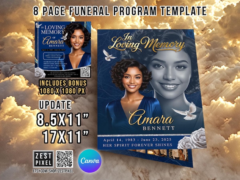 Elegant Blue Funeral Program Template: 8-page Obituary Booklet (PDF ...