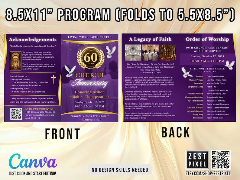 Church Anniversary Program Template: Editable Bifold Design (8.5x11 ...