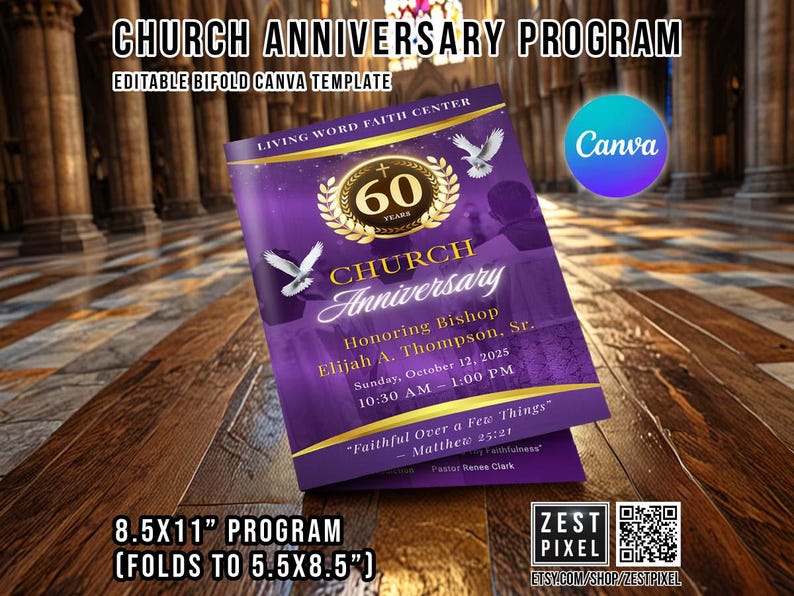 Church Anniversary Program Template: Editable Bifold Design (8.5x11 ...