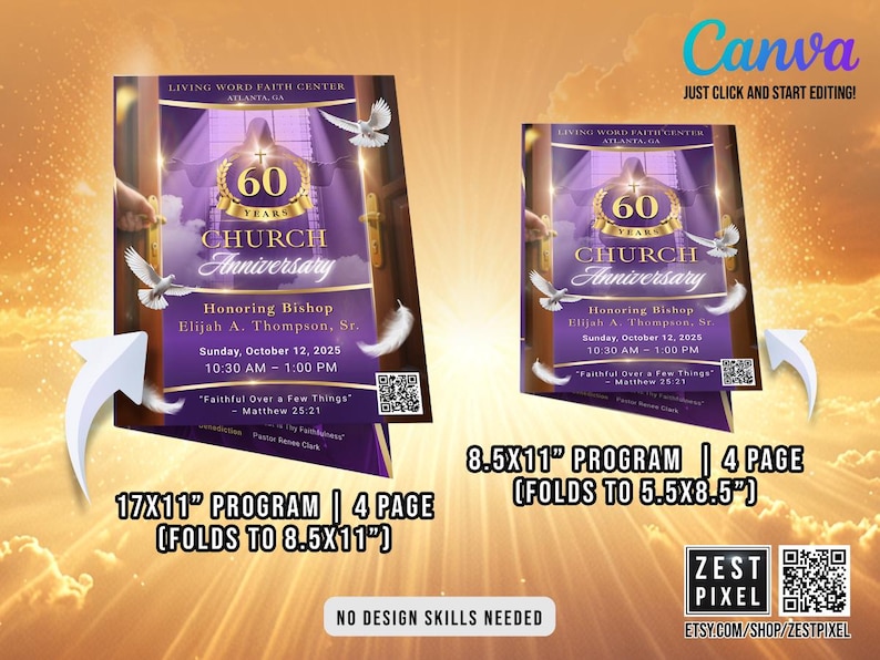 Elegant Church Anniversary Program Template 8.5x11 Bifold | Purple Gold ...