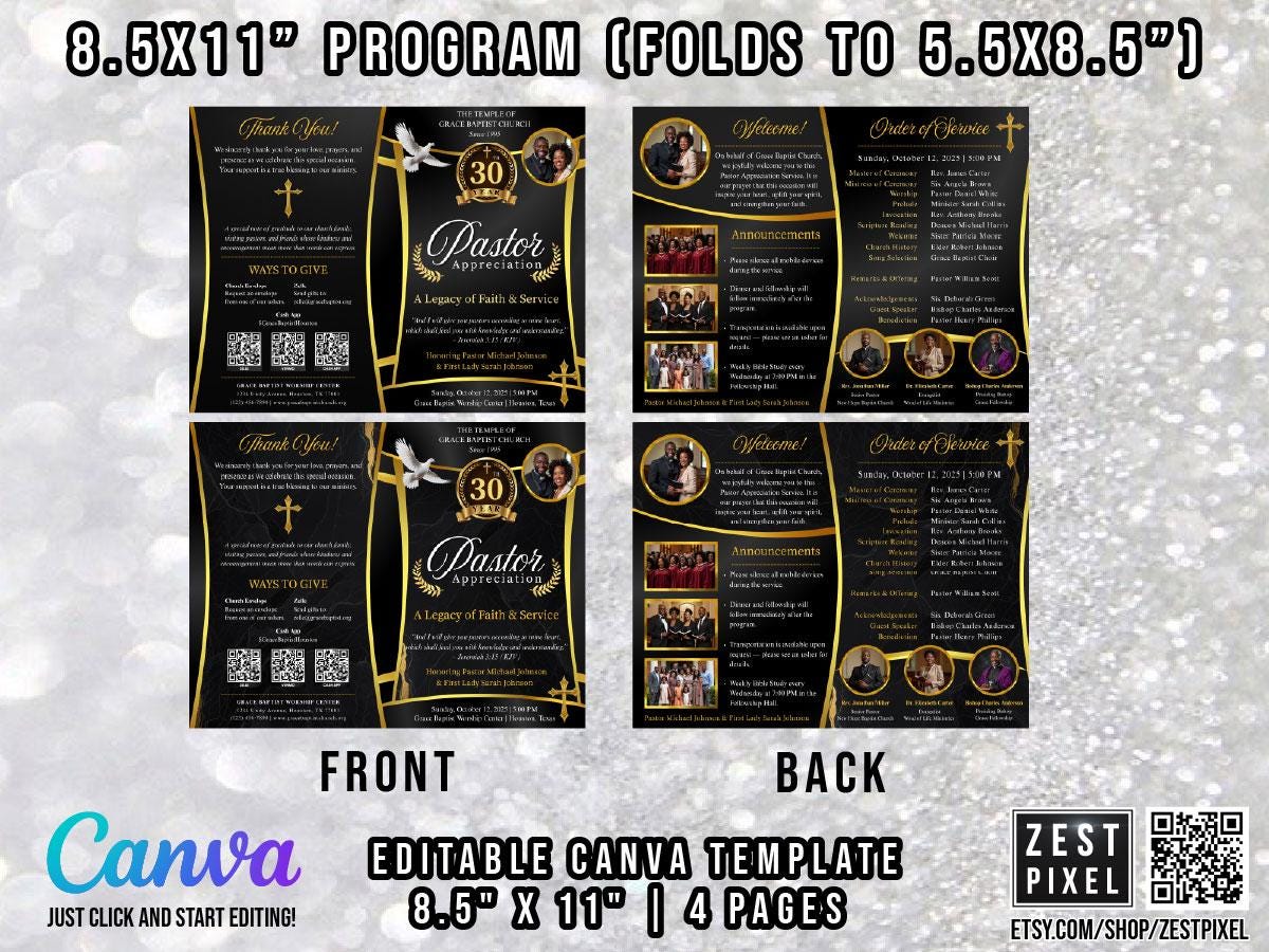 Pastor Appreciation Program Template | Black & Gold Church Brochure ...