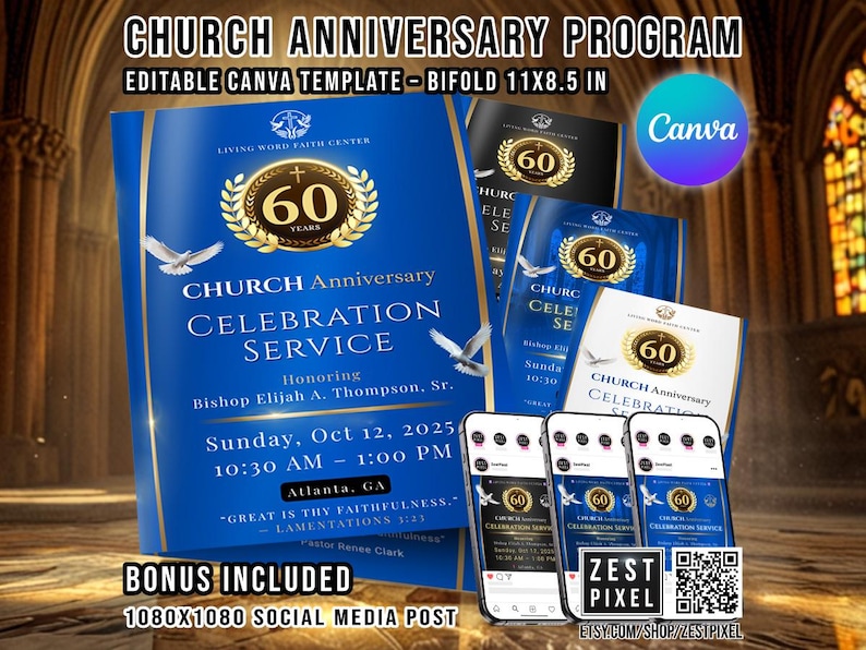Church Anniversary Program Template Canva Bifold 8.5x11 | Editable ...