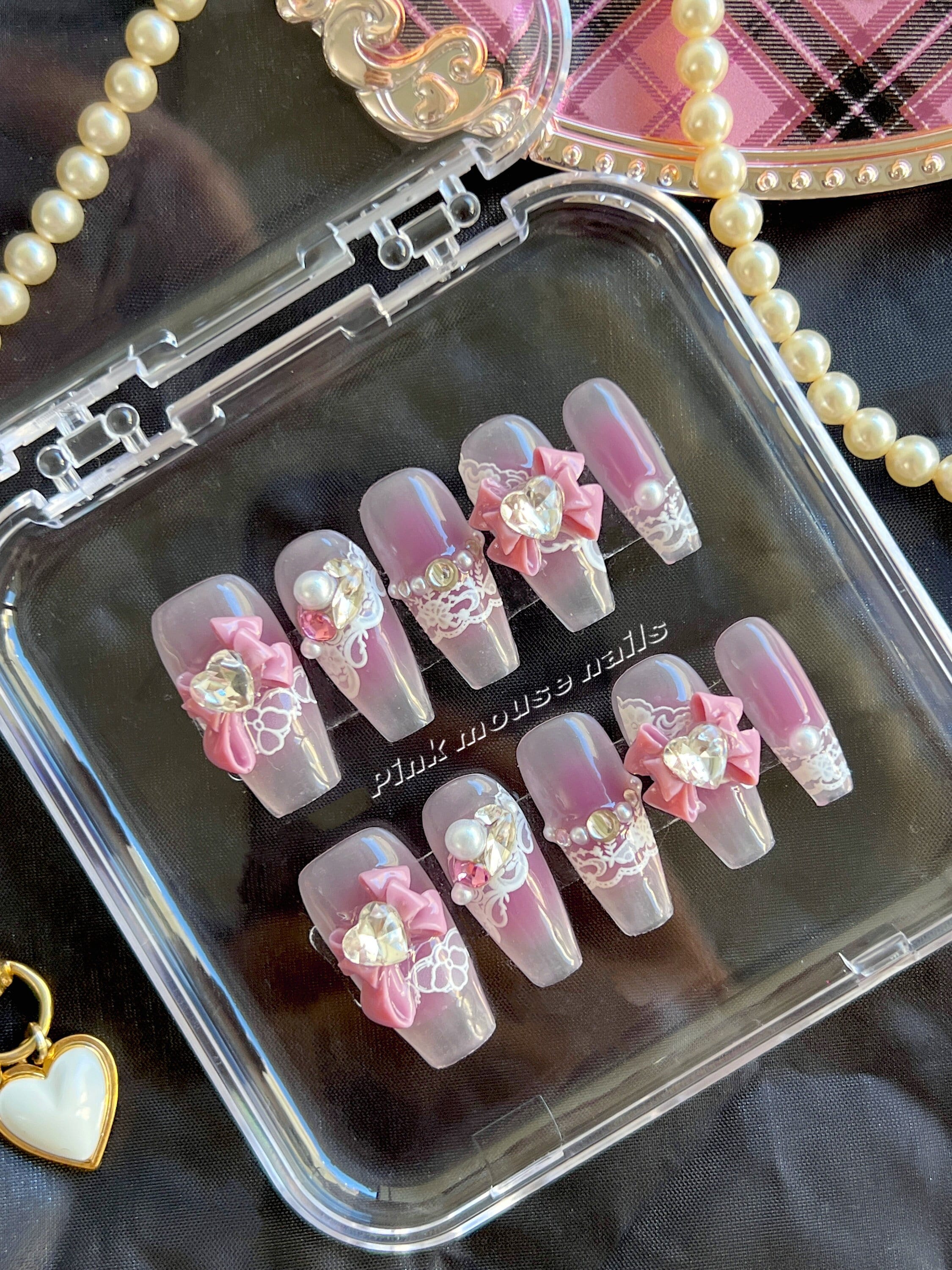 Coquette Core Pink Lacy Girly Press on Nails /japanese Korean Nails ...