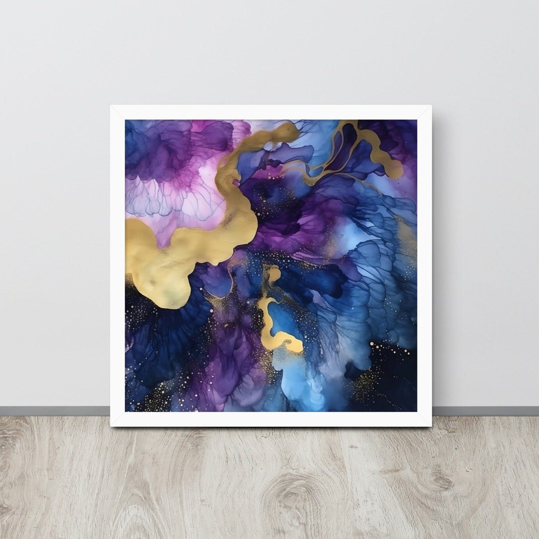 Framed Marbled Alcohol Ink Print Galaxy Colours blue, Purple and Gold ...