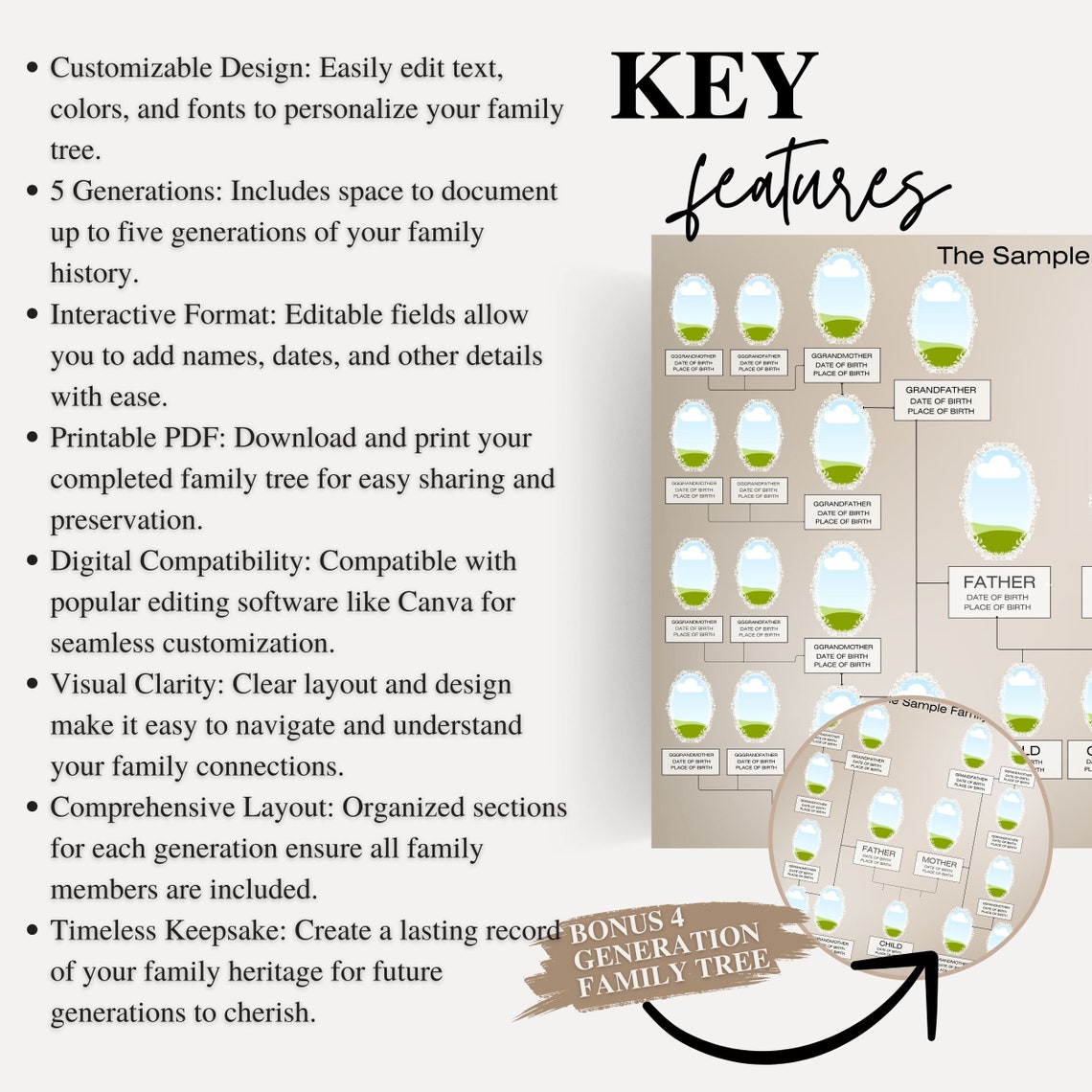 Editable Family Tree Template Digital Family Tree Printable 5 ...