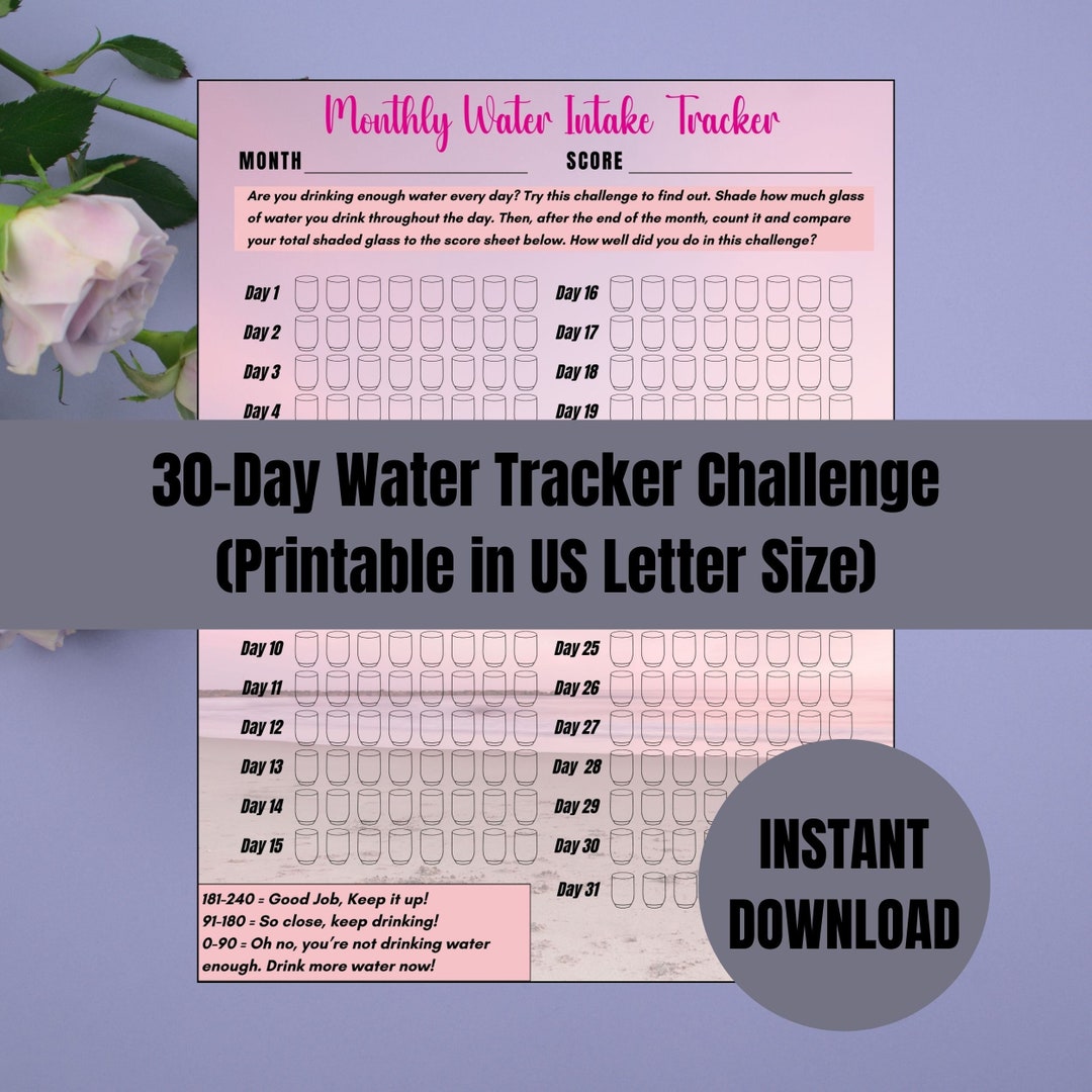 Monthly Printable Water Intake Tracker Challenge Water Tracker 30 Day ...